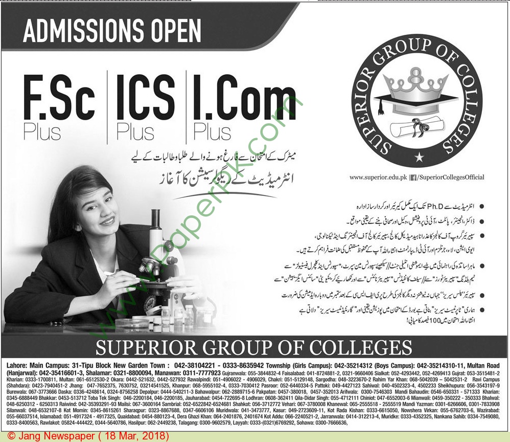 Superior Group of Collages Admissions ~ TOPPERS PK