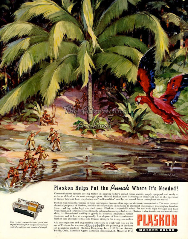 Kiwi's Angels: Plaskon Molded Color: Magazine Advertising with parrots
