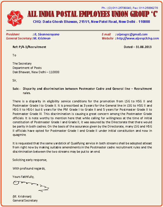 RECENT LETTER TO THE DIRECTORATE REGARDING POSTMASTER CADRE RECRUITMENT ...