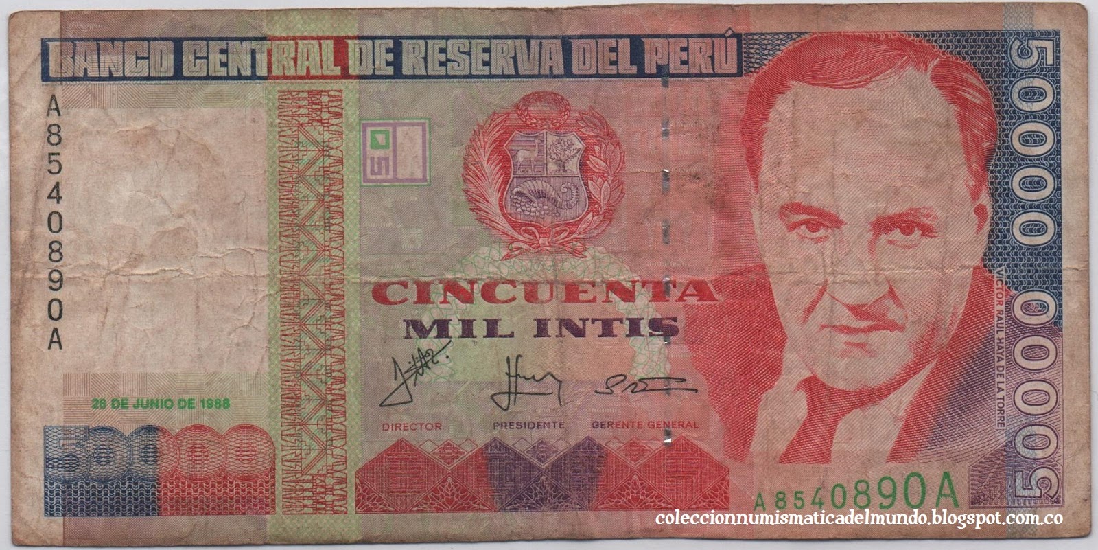 Coleccion de billetes y monedas (numismatica): 50000 intis Perú 1988 / ...