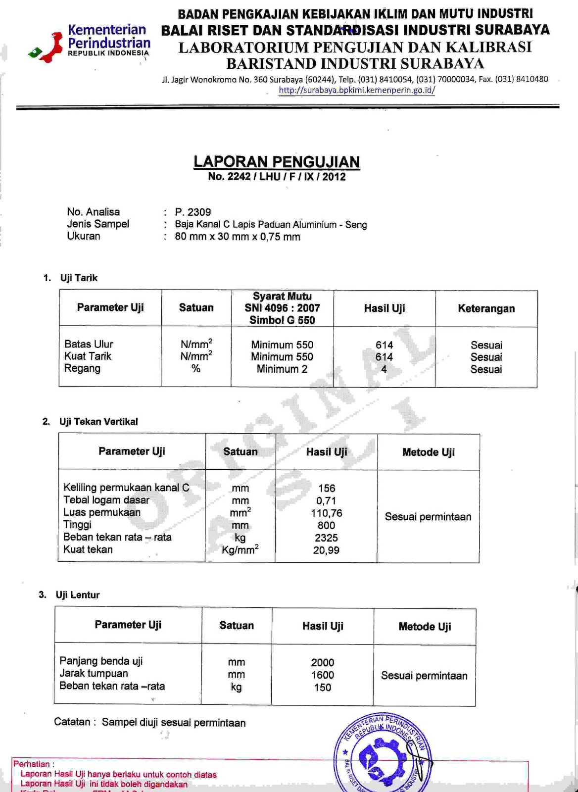 SERTIFIKASI DAN HASIL UJI LABORATORIUM KENCANA TRUSS
