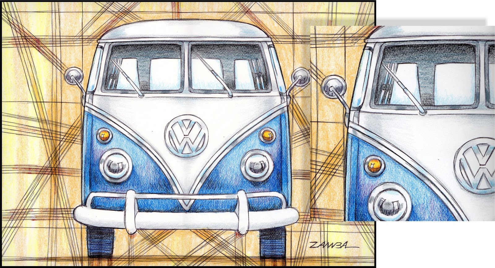 KOMBI - WATER COLOR PENCIL ART - KOMBI AZUL EM FUNDO RISCADO - ZAMBA