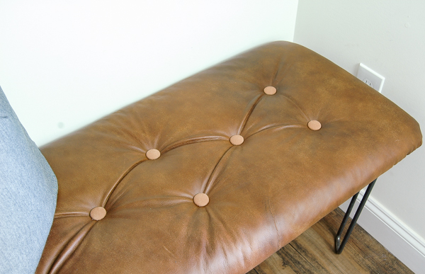 DIY Tufted Leather Bench with Custom Hairpin Legs | Little House of ...