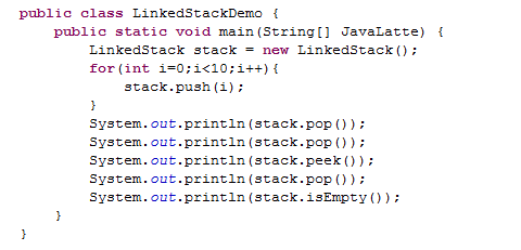 Java-Latte: Linked List implementation of Stack Data Structure in Java