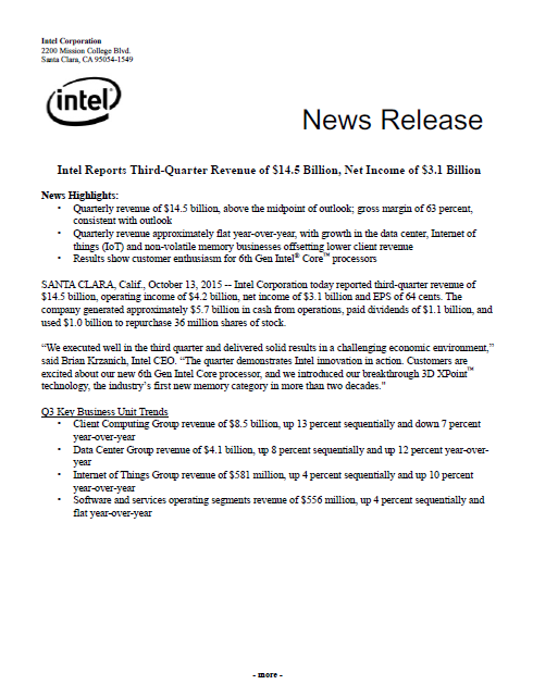 Intel report Q3 2015