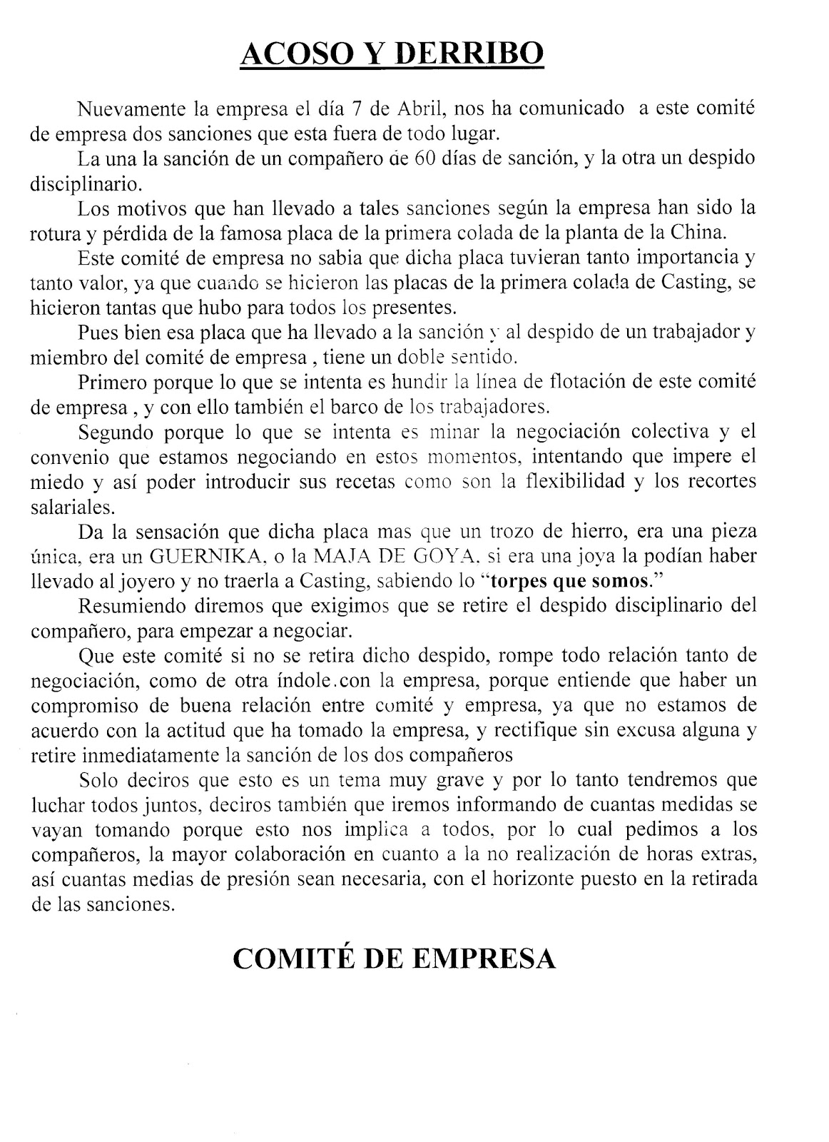 Lear Épila CC.OO.: REPRESION EN CASTING ROS S.A