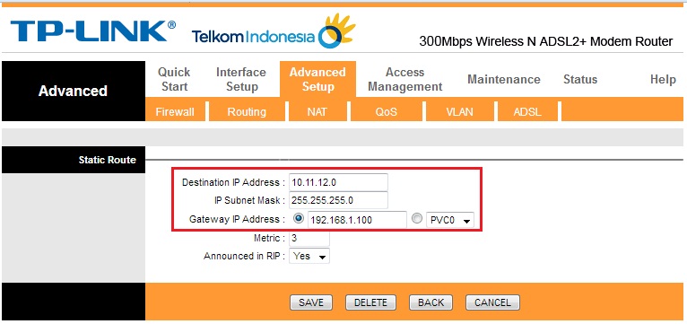 Cara mengkonfigurasi Routing Static pada router modem TP-Link ADSL2 ...