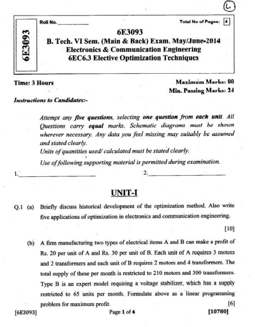 6EC6.3 Optimization Techniques RTU BTech ECE 2014 Question Paper ...
