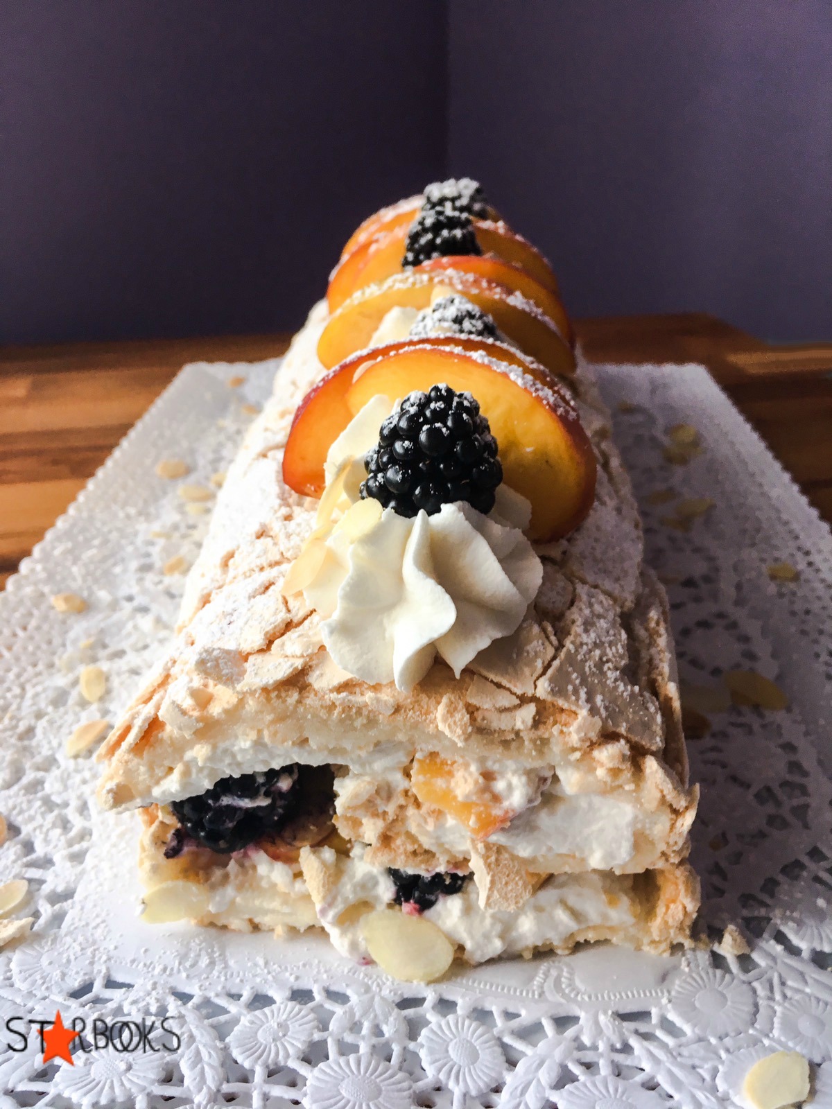 Starbooks: ROLLED PAVLOVA WITH PEACHES AND BLACKBERRIES