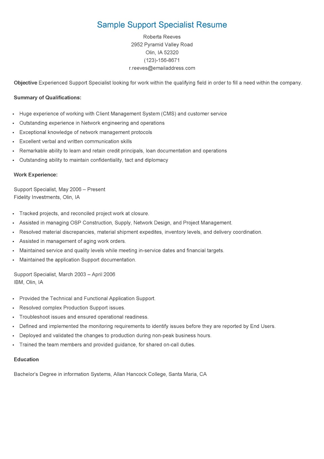 Resume Samples: Sample Support Specialist Resume