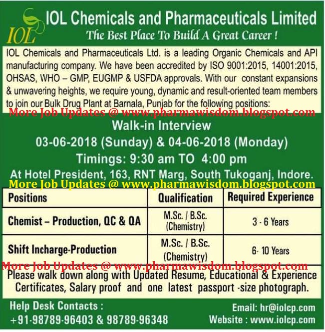 IOL Chemicals & Pharmaceuticals Ltd - Walk-In Interviews for Chemists ... IOL Chemicals & Pharmaceuticals Ltd - Walk-In Interviews for Chemists ...