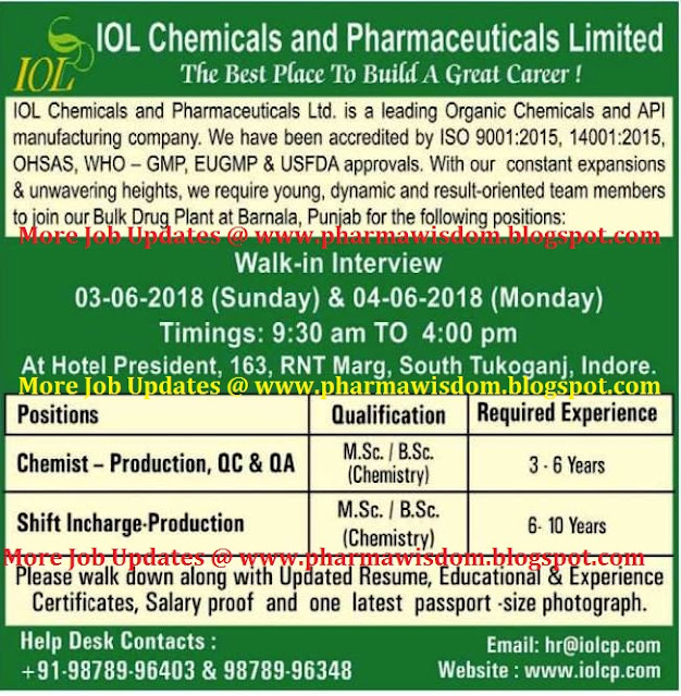 IOL Chemicals & Pharmaceuticals Ltd - Walk-In Interviews for Chemists ...