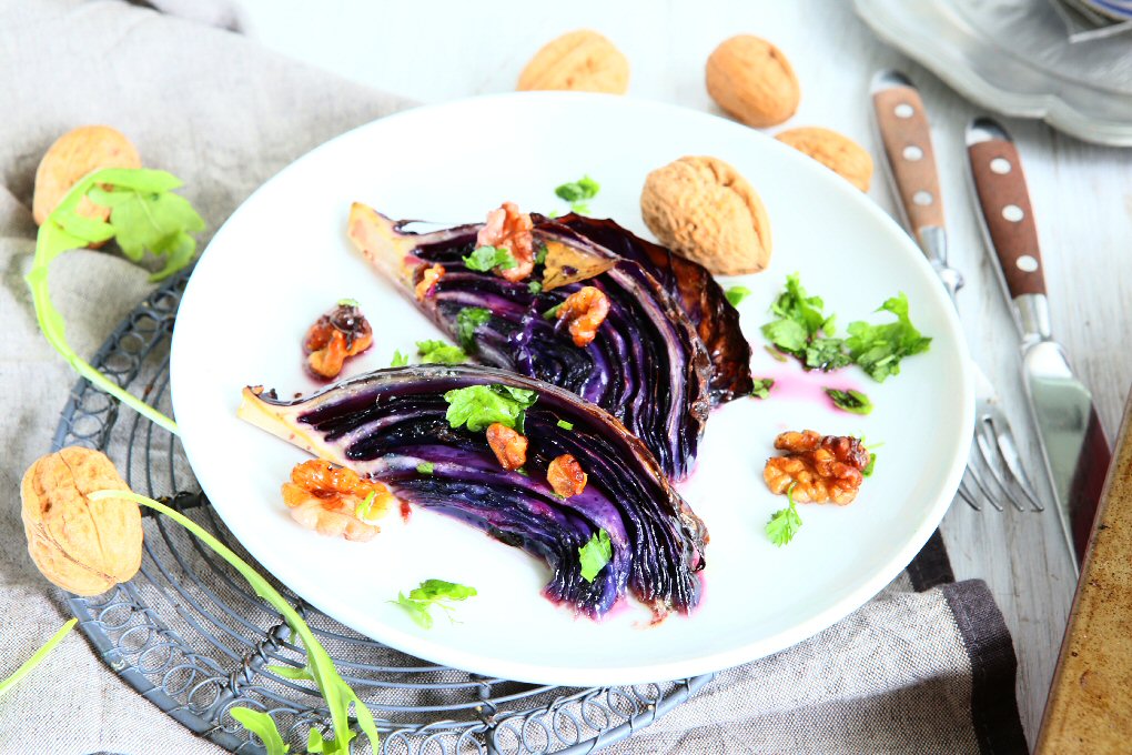 Roasted Red Cabbage Wedges with Walnuts and Bay Leaves