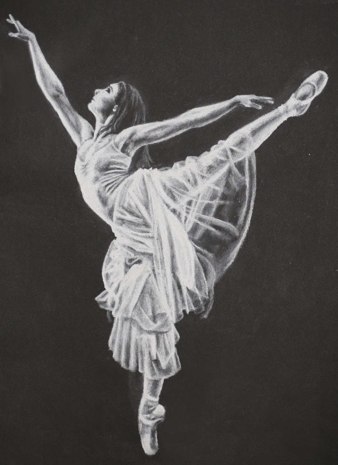Doodlebug: Ballet dancer - white conte crayon on black sugar paper