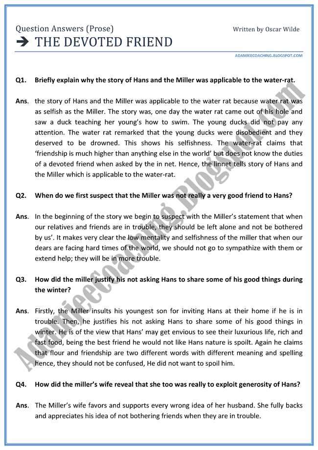 Adamjee Coaching: English XII - [The Devoted Friend] - Question Answers Prose