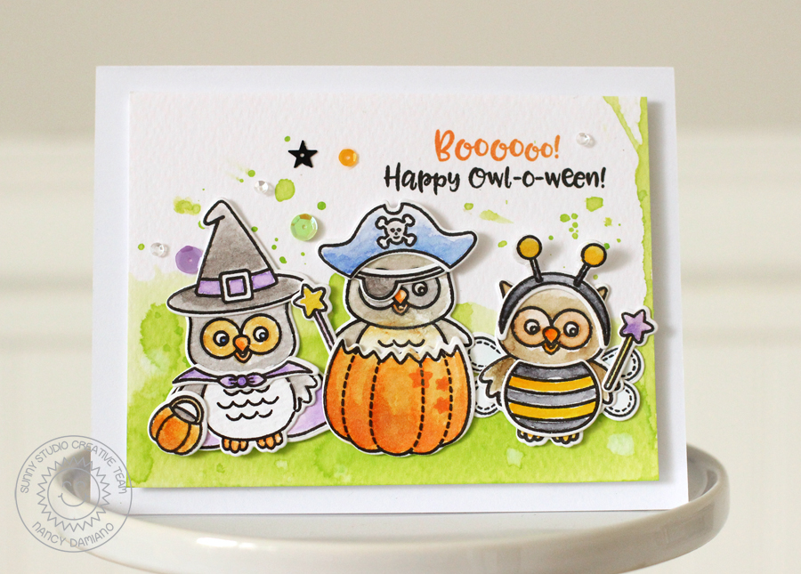Sunny Studio: Happy Owl-o-ween Trio Of Costumed Owls Card with Nancy