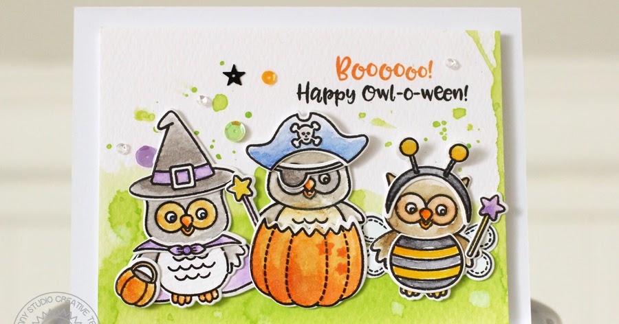 Sunny Studio: Happy Owl-o-ween Trio Of Costumed Owls Card with Nancy