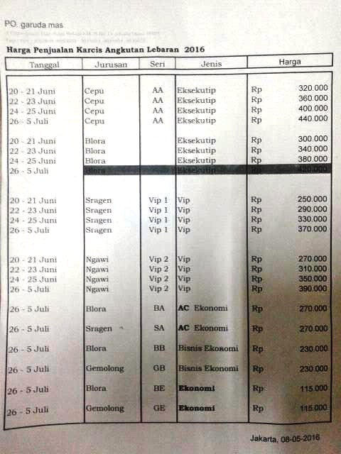 Harga Tiket Bus Lebaran 2016 PO Garuda Mas - Jalur Bus