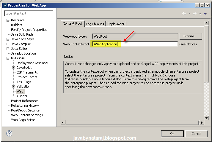 How to change Context-root of an application in MyEclipse | JAVAbyNATARAJ