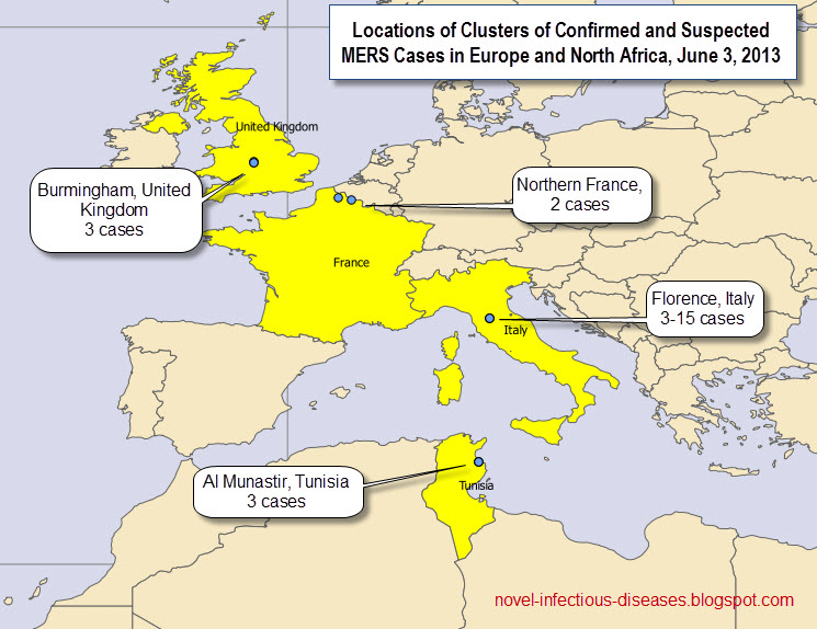 NOVEL INFECTIOUS DISEASES: Map: MERS-CoV Clusters in Europe and North ...