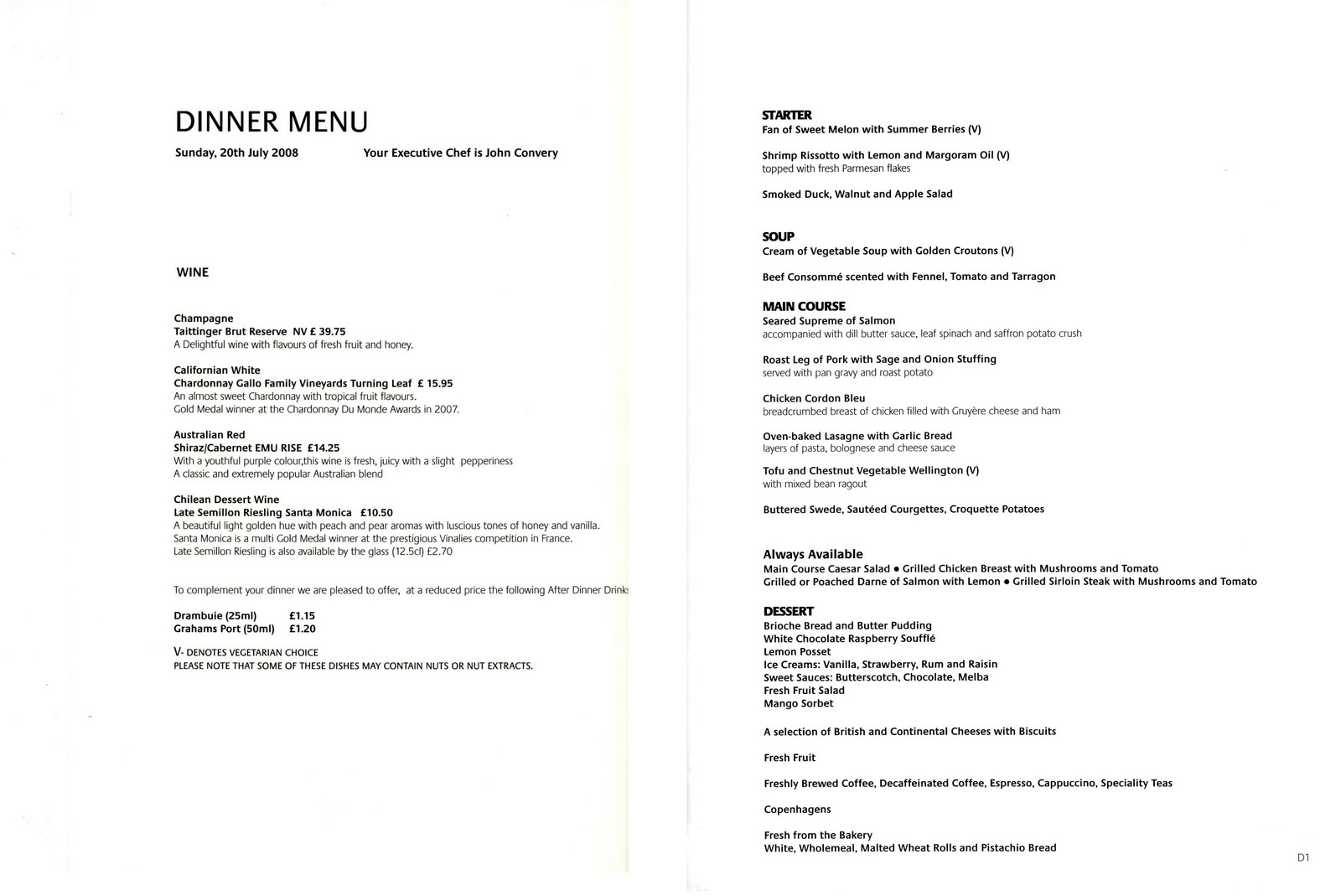 ORIANA of 1995: Menus to savour.