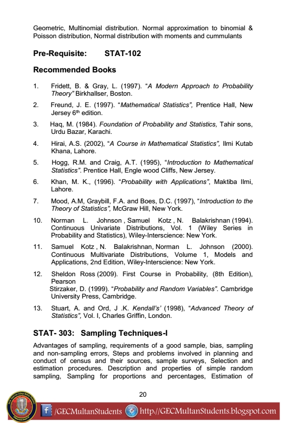 Course Outline for BS Statistics 5th Semester BZU Multan - Govt Emerson ...