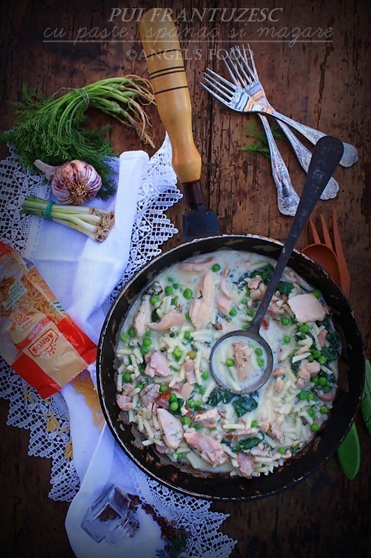 Angel's food: Pui frantuzesc cu mazare, spanac si paste gartene