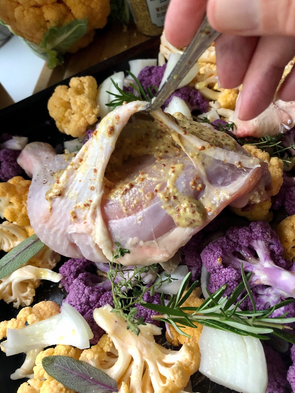Sheet Pan Mustard Chicken Legs on Cauliflower