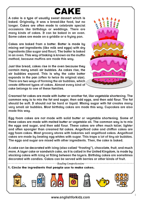 Reading Comprehension Worksheets: Food and Cooking