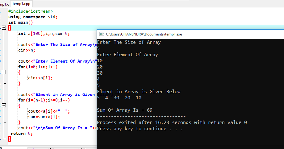 C Program To Reverse An Array And Sum Of Its Element
