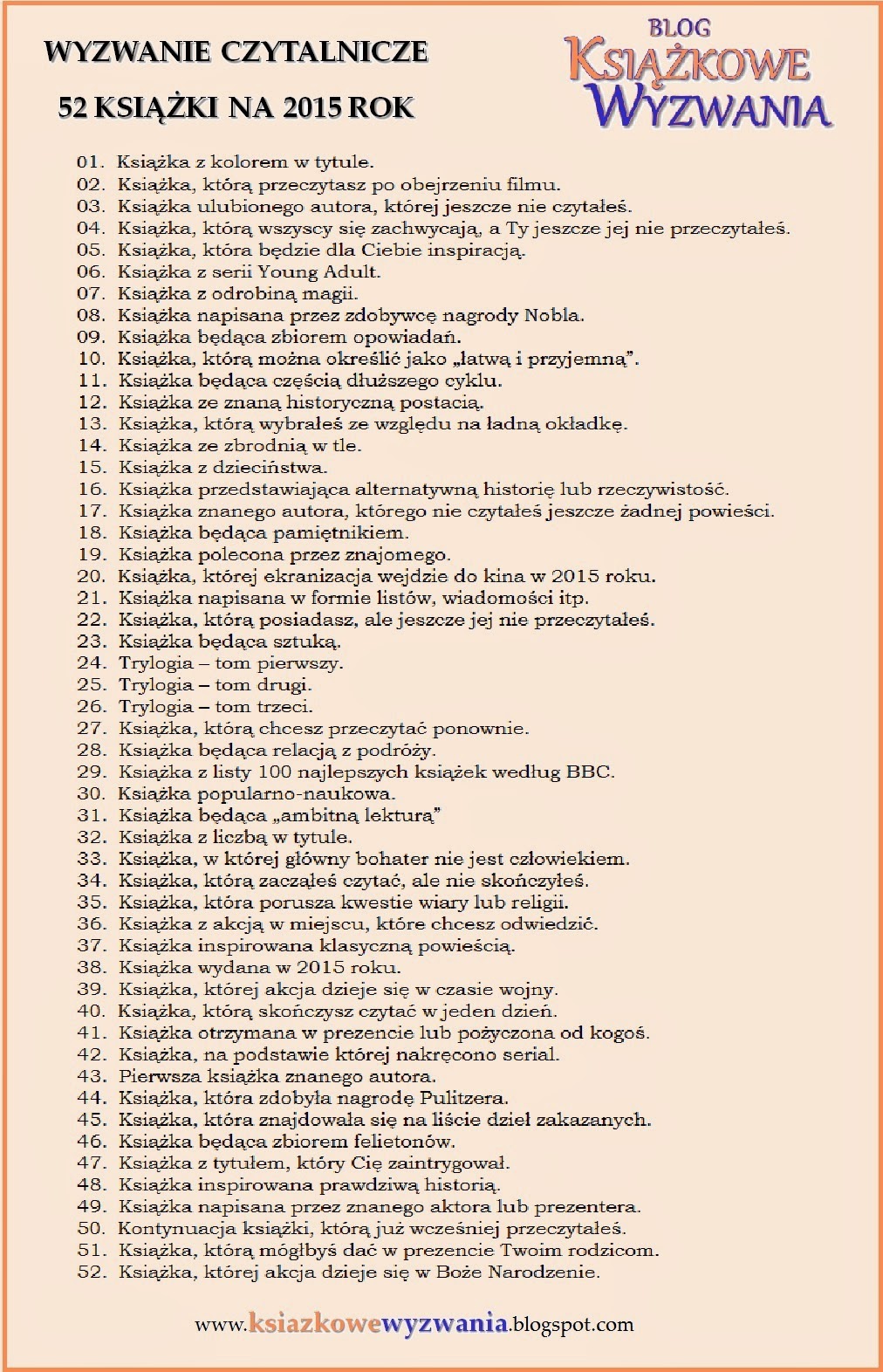 KSIĄŻKOWE WYZWANIA: WYZWANIE CZYTELNICZE: 52 KSIAŻKI NA 2015 ROK