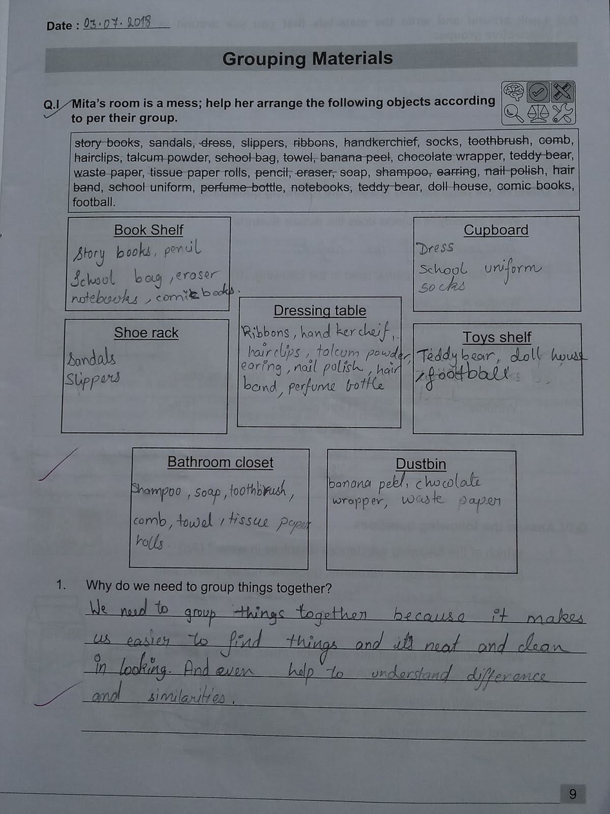 Science-Grouping materials (workbook exercise)