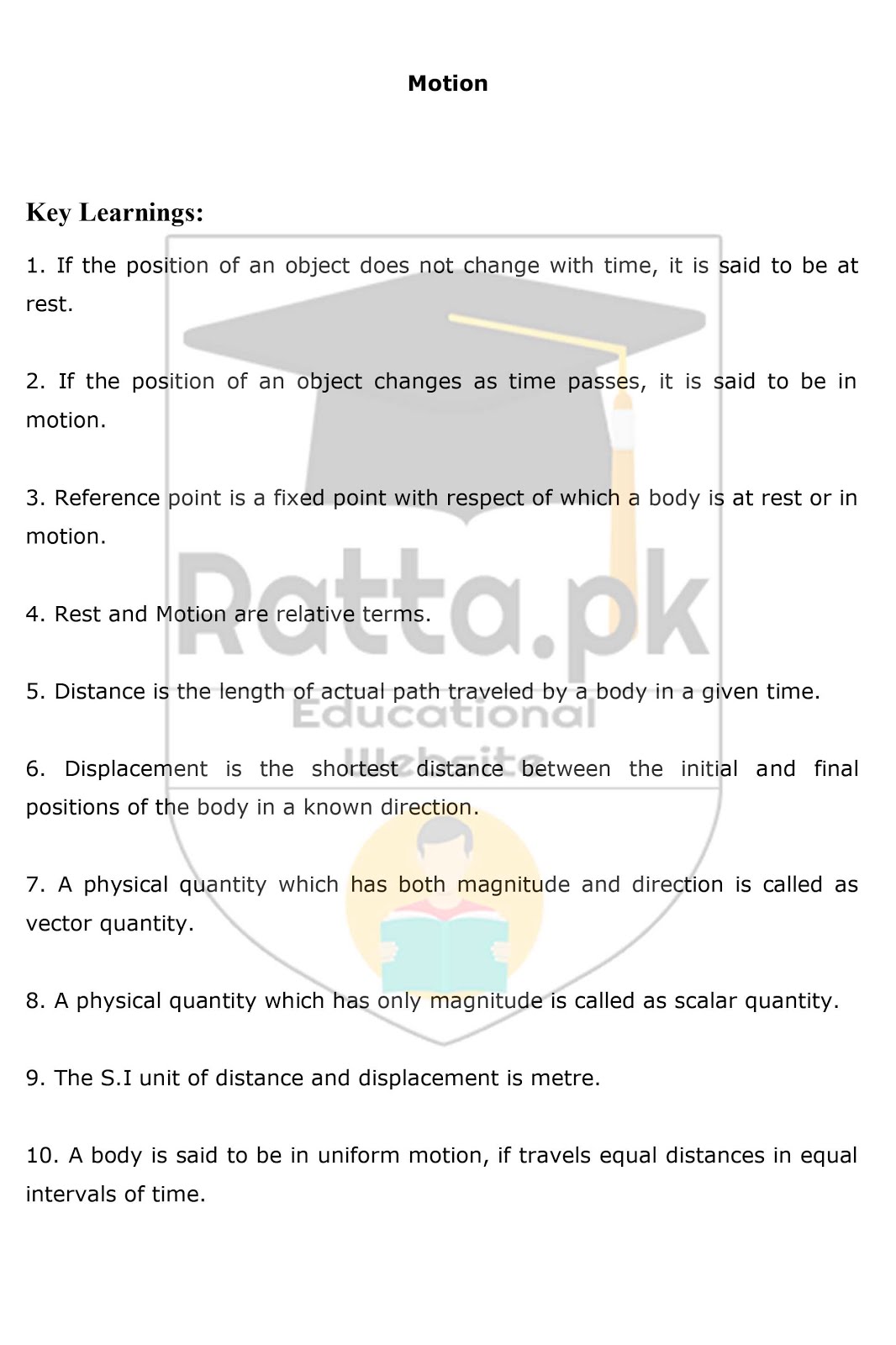 9th Physics Chapter 1 Motion Notes - Definitions & Formulae - Ratta.pk