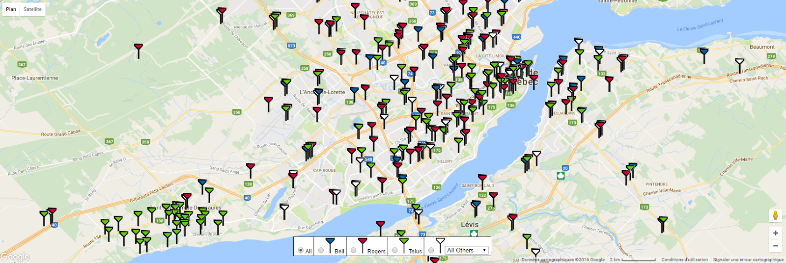 Vincent Dumouchel: Interactive Canadian Cellular Towers Map