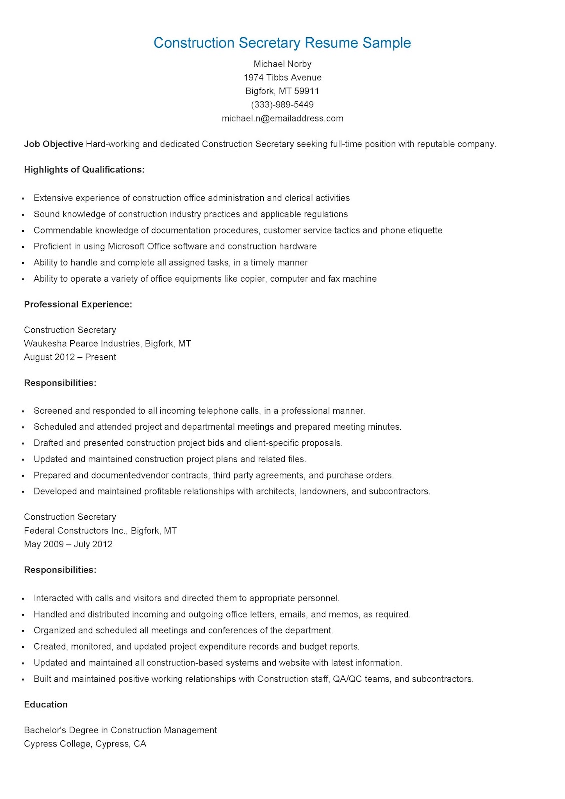 Resume Samples: Construction Secretary Resume Sample