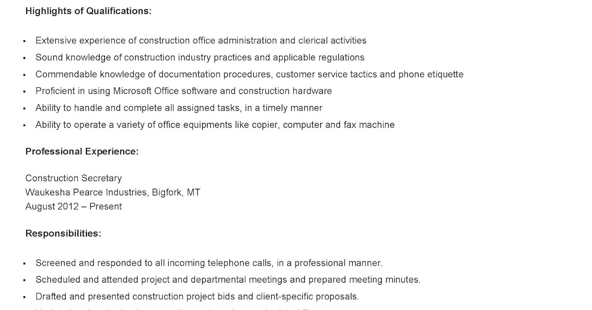 Resume Samples: Construction Secretary Resume Sample