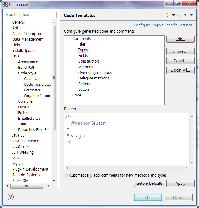 코드저장쏘: Eclipse에서 javadoc @author 변경 방법
