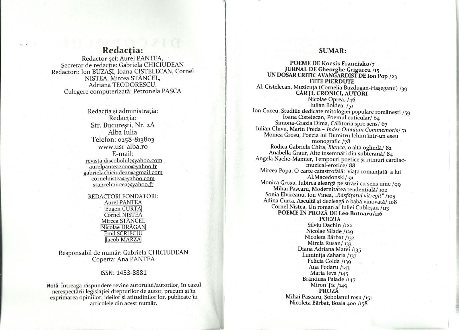 ARHIVE LITERARE: Revista „Discobolul”, nr. 238-239-240/2017. Sumar ...