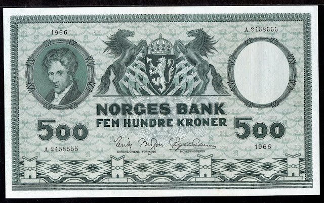 Norway banknotes 500 Norwegian Krone bank note of 1966 Niels Henrik ...