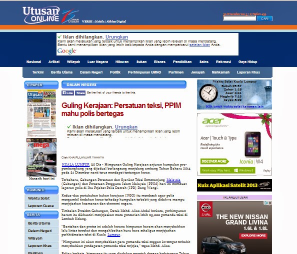 1070) UTUSAN MALAYSIA 30/12/2013 Guling Kerajaan: Persatuan teksi, PPIM ...