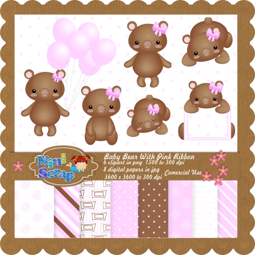 Baby Bear With Pink Ribbon - Nini Scrap