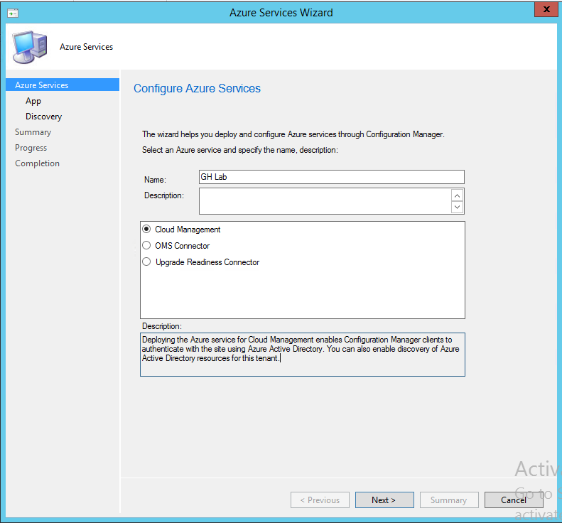 Gerry Hampson Device Management: ConfigMgr 1706 - Azure Services wizard