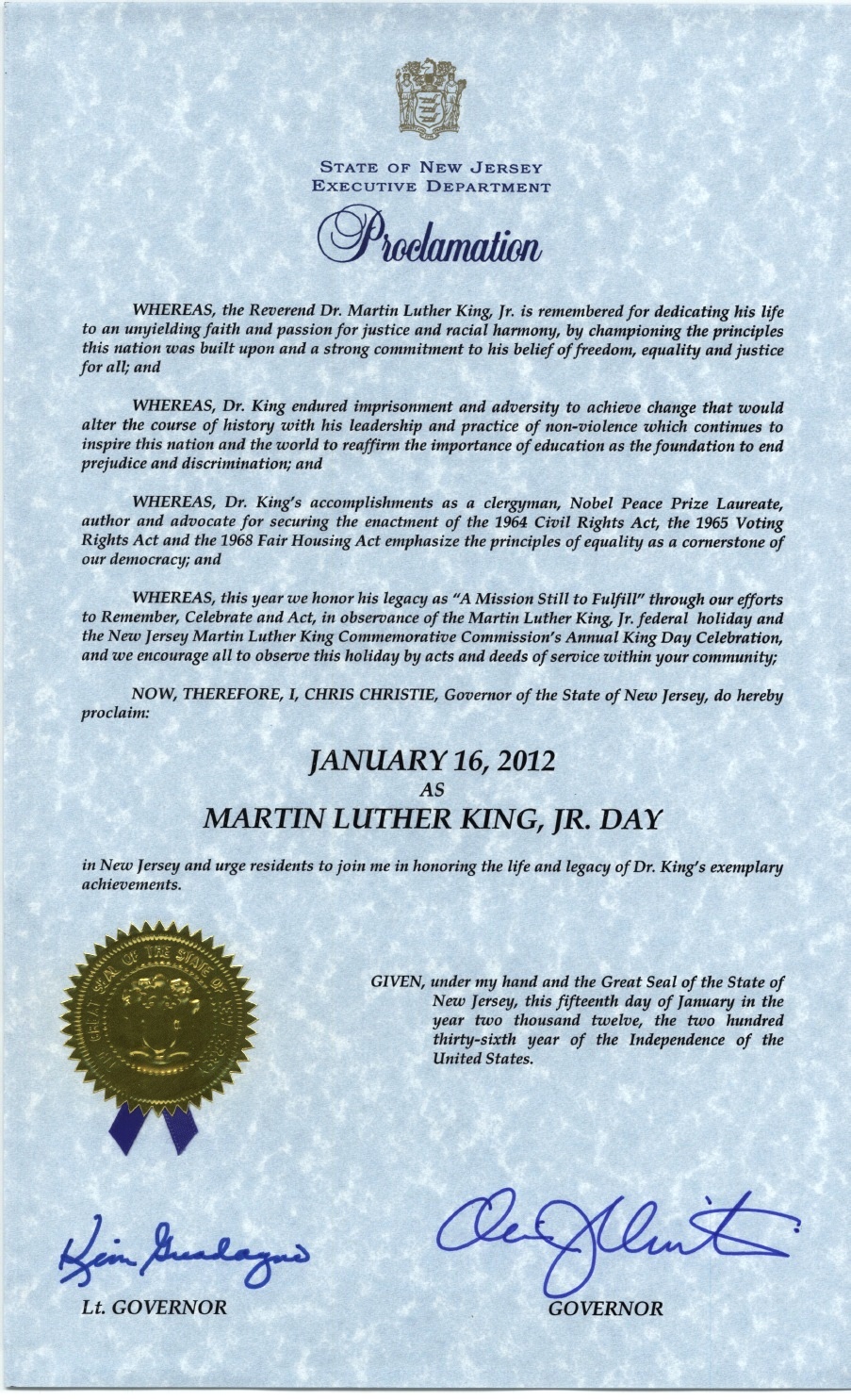 Proclamation of Martin Luther King Jr. Day by the Governor of New ...