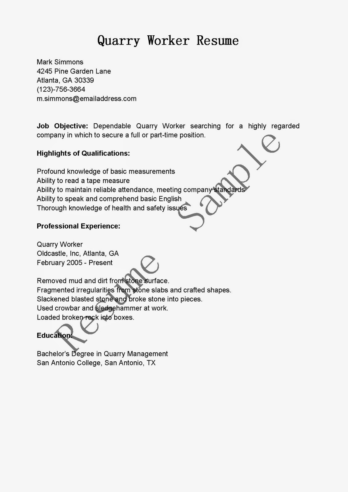 Resume Samples: Quarry Worker Resume Sample