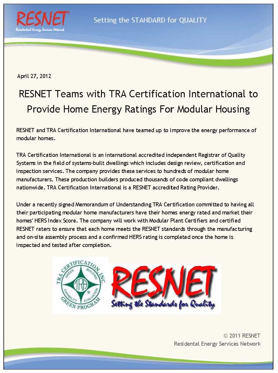 TRA Certification Int'l, Inc.: 2012