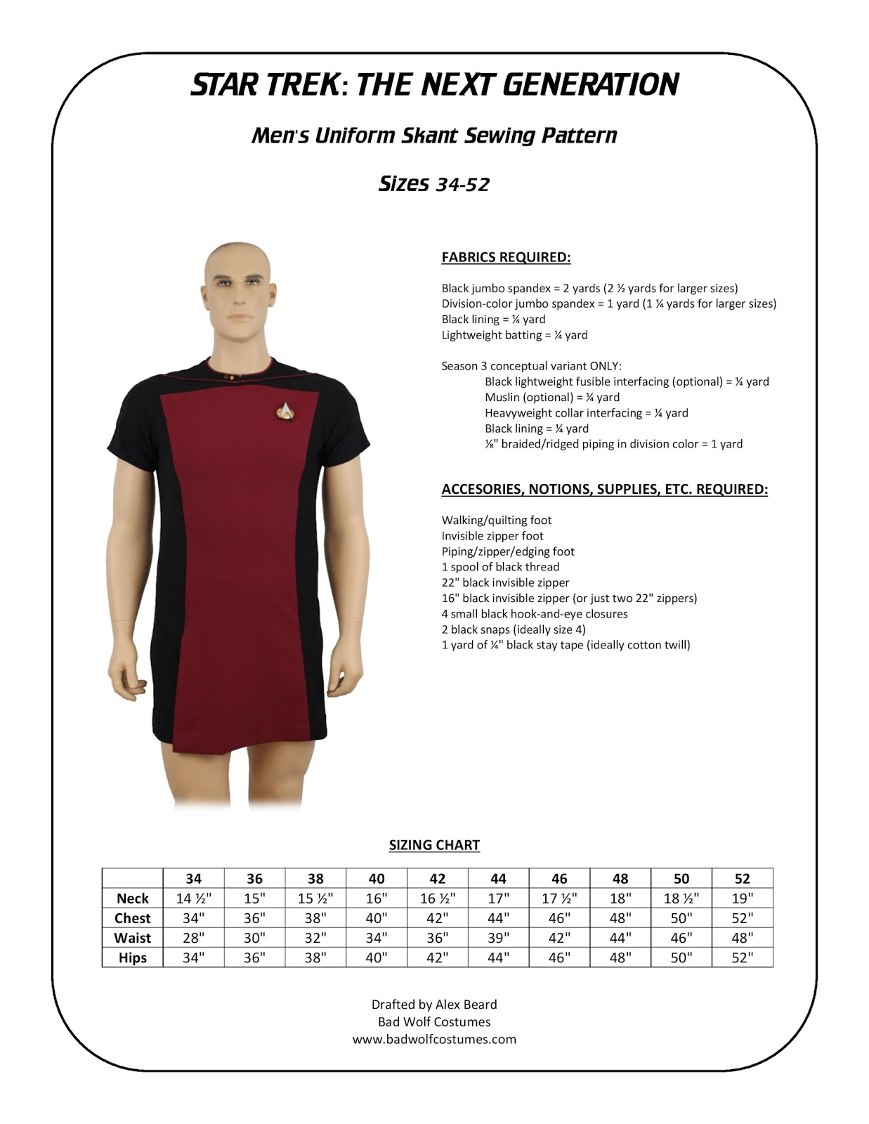 Bad Wolf Costumes Star Trek Tng Mens Skant Sewing Pattern