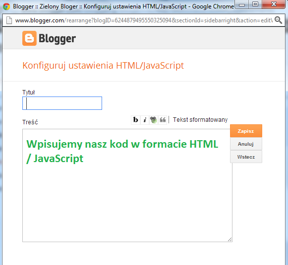Jak dodac kod HTML / JavaScript na bloga? ~ Zielony Bloger
