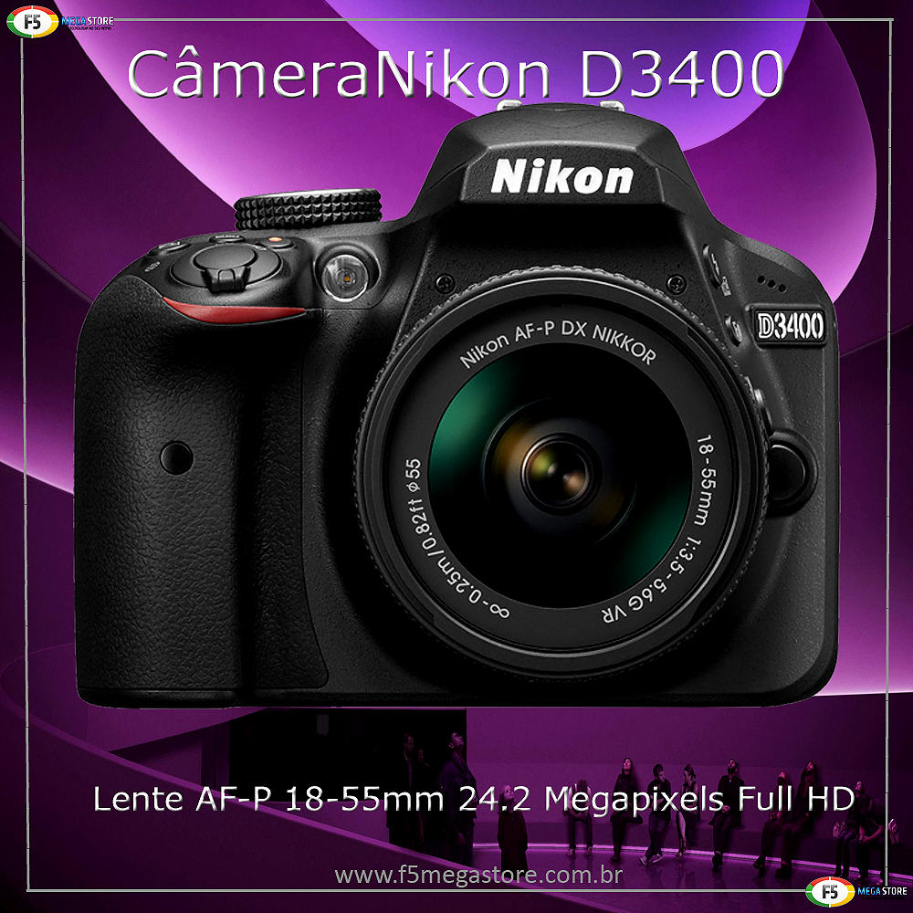 F5 Mega Store : Câmera Nikon D3400 Lente AF-P 18-55mm 24 Megapixels Full HD