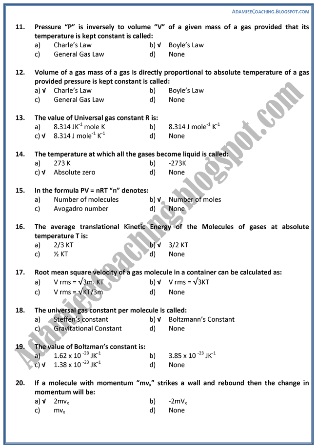 Adamjee Coaching: XII Physics MCQS - Heat
