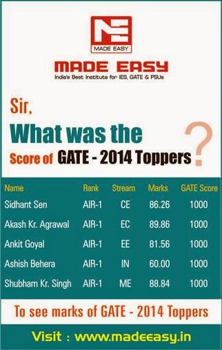 MADE EASY - Coaching for IES, GATE, PSUs: GATE 2014 Toppers Score
